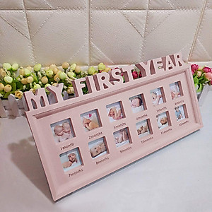 My First Year Picture Frames Baby Moments Keepsake Photo Frame Newborn Infant Collage Frame Boys Girls Shower Gift Wall hanging 12 Month Frame for Room Wall Nursery Décor Elegant White Natural Wood