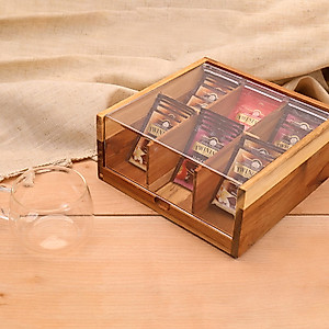 Acacia Wood Tea Bag Organizer Storage, Gift Box 6 Compartments Tea Chest Box with Acrylic Transparent Hinged Lid By HTB