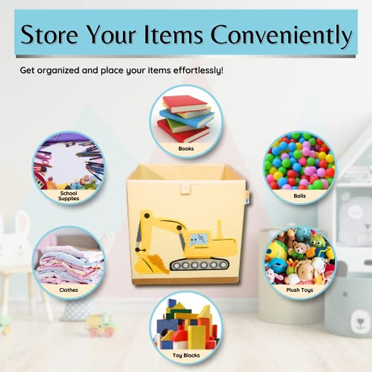 Product 4 Kids - Washable Toy Box Storage Cube, Canvas Toy Chest Organizer Foldable Kids Toy Storage Organizers for Child's Bedroom or Playroom-13x13x13 Inch (Excavator1)