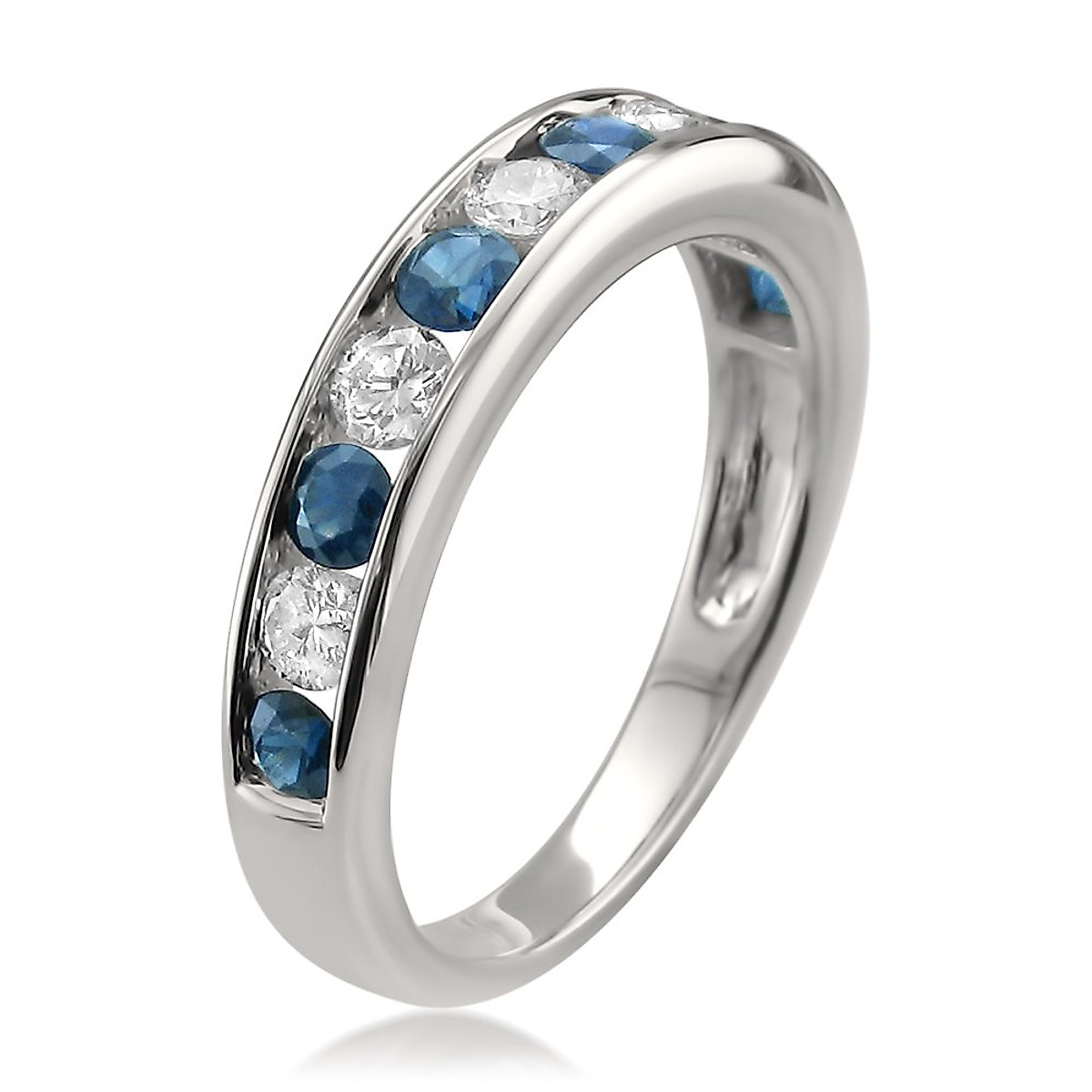 Beyond Brilliance 14K White Gold Round Diamond & Blue Sapphire Wedding Band Ring (1 cttw, I-J, I1-I2), Size 5.5 Size-5.5