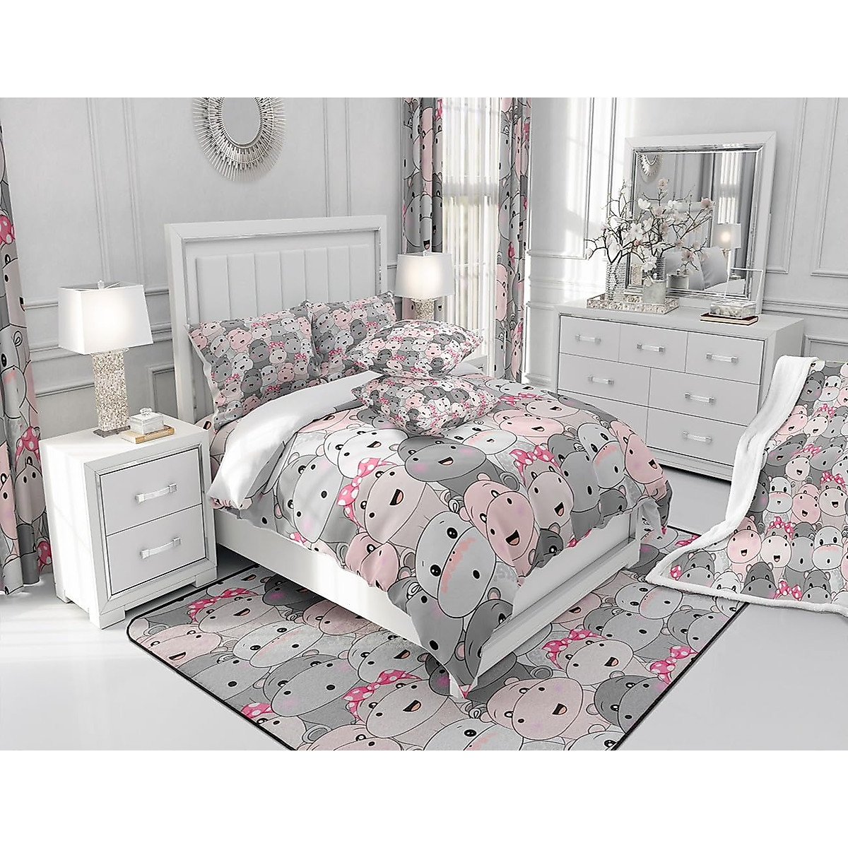 Hippo Sheet Set Full Size Cartoon Animal Sheets with Deep Pocket Fitted Sheet for Kids Teens Adults Hippopotamus Bed Sheets Set Kawaii Cute Bedding Set Room Decorations 4Pcs With 2 Pillow Cases