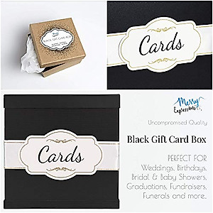 Black Gift Card Box - White & Gold Satin Ribbon & Cards Label 10"x10" Large - Memory Box for Funerals or Graduations, Box for Wedding Receptions Birthdays or Baby Showers