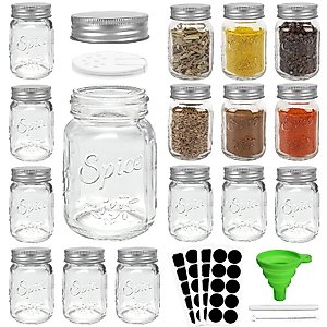 CycleMore 15 Pack 4oz Glass Mason Spice Jars, Round Spice Containers with Silver Metal Caps and Pour/Sift Shaker Lids-40pcs Labels,1pcs Silicone Collapsible Funnel,1pcs Brush and 1pcs Pen Included