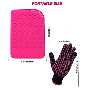 Heat Resistant Glove with Heat Resistant Mat for Curling Iron, Hair Straightener, Flat Irons, Silicone Bump Glove, 9” x 6.5” Food Grade Silicone Mat, Pink
