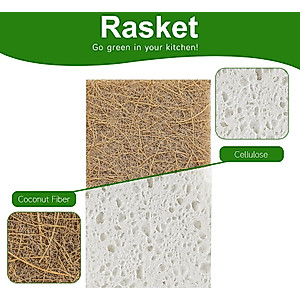 Rasket 10 Pack Biodegradable Natural Sponges Kitchen - Compostable Cellulose and Coconut Walnut Scrubber Sponge - Eco Friendly Sponges for Dishes