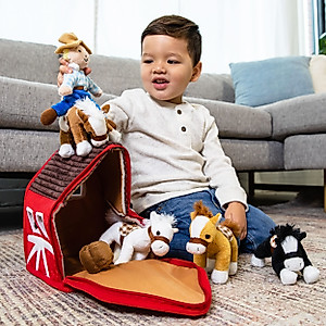 PREXTEX Plush Farm House with Soft and Cuddly 5" Plush Horses, Farm Boy, and Farm House Barn House Carry Along Case