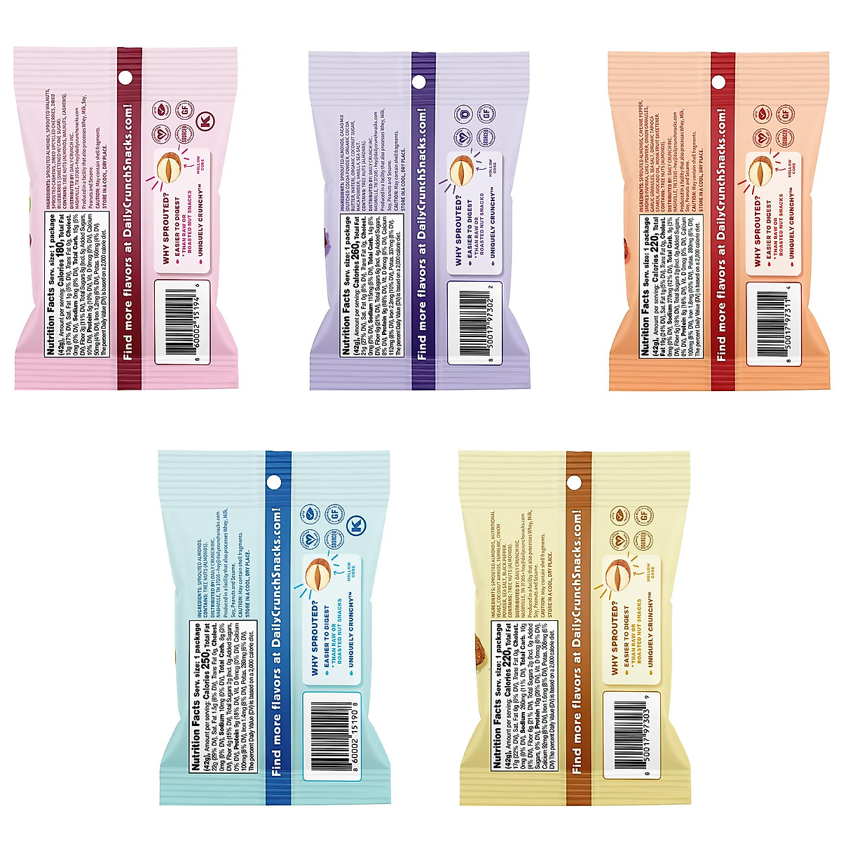 Daily Crunch Sprouted Almonds, 1.5 Ounce Mini, On-The-Go Bags (Variety Pack, 5 Pack) Contains: Original Sprouted, Cherry Berry, Golden Goodness, Cacao and Sea Salt, Coffee Coconut
