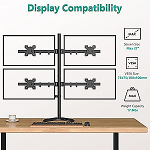 WALI Quad Monitor Stand, Free Standing 4 Monitor Stand Fully Adjustable Desk Mount Fits Monitors up to 27 Inch, Holds up to 17.6 lbs per Arm (MF004), Black
