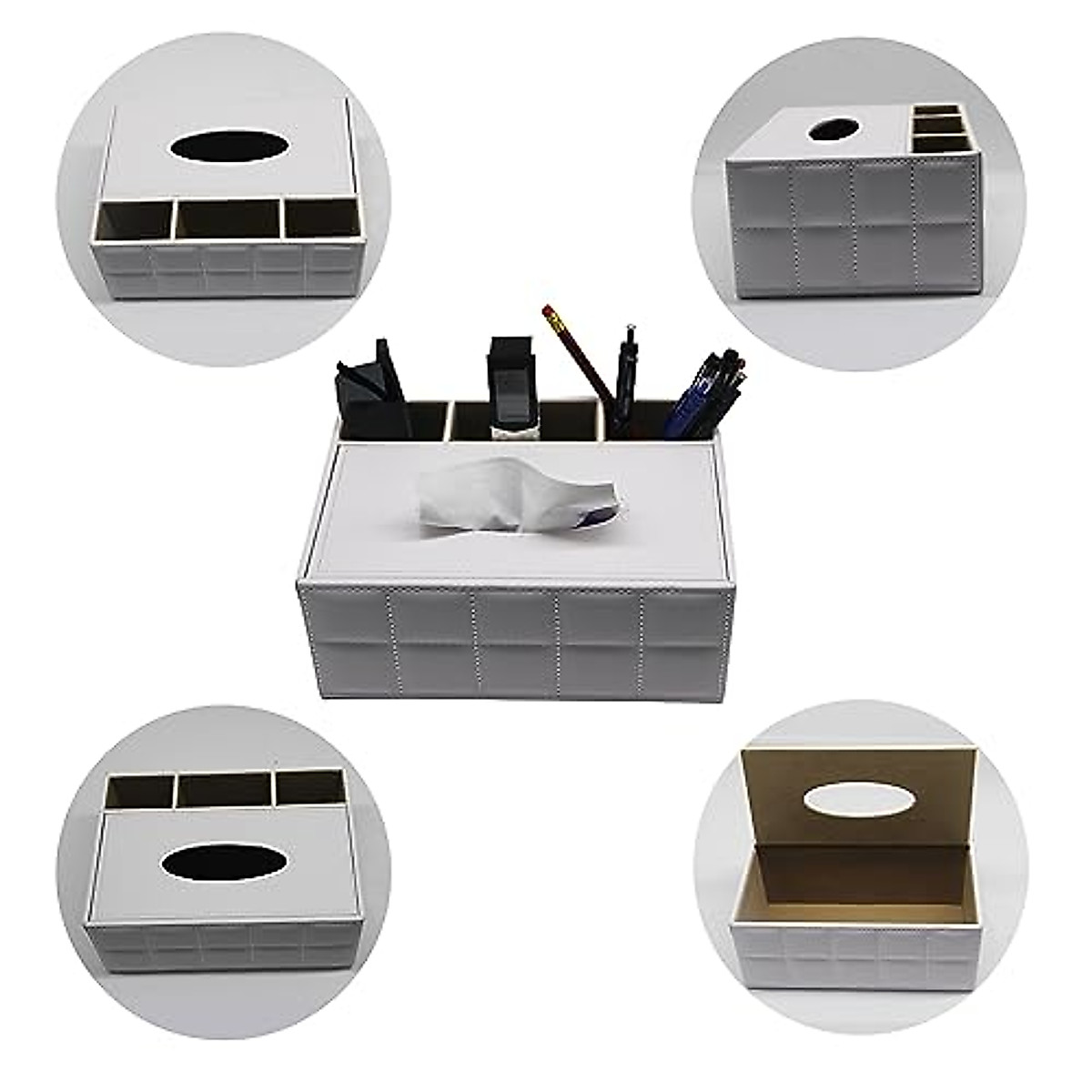 AOSFYSRR Rectangular Tissue Box Cover,Modern Tissue Storage Box,Multifunctional Tablet Stand Organizer with 3-compartments for Pens,Cellphone,Remote Control,Suit for Office/Home/Hotel (White Grid)