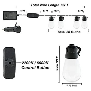 DUNTUO Outdoor String Lights LED 20 Bulus 72 FT Patio String Lights,Shatterproof LED Bulbs Indoor Lights Waterproof for Camping Garden Balcony Festival Indoor Party