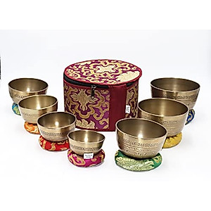 SANSKAR NEPAL Tibetan High Sided Singing Bowl Set in a Purple Carry Box for Meditation, Yoga, Relaxation (7 Sets with diameter ranging 3" - 5")