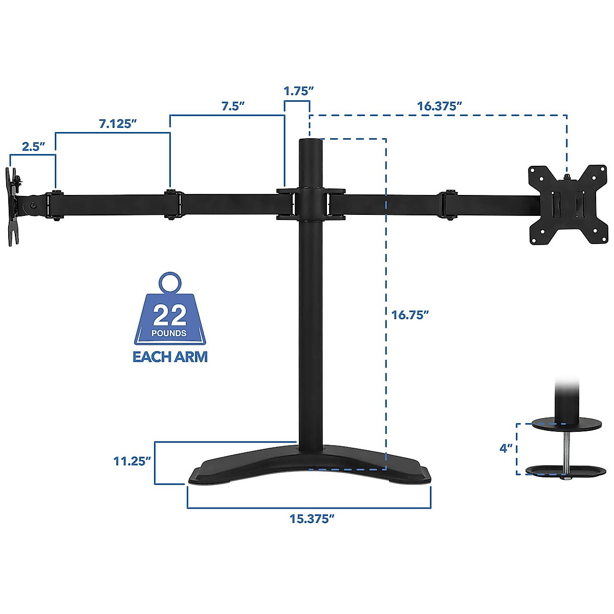 Mount-It! Dual Monitor Stand for Desk - 2 Screen Mount for Two Computer Screens up to 32 Inch and 17 Lbs - Free-Standing Base Swivels, Tilt, Rotates 360 Adjustable Arms - VESA Compatible Sturdy Steel