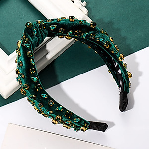 CENAPOG St Patrick's Day Rhinestone Knotted Headband for Women Green Crystal Embellished Hairbands Twist Turban Headband Elastic Wide Velvet Hair Hoop Party Holiday Headwear for Girls (Green)