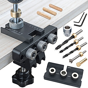 3-in-1 Dowel Jig Kit - Pocket Hole Jig with Adjustable Woodworking Drill Locator, 8/10/15mm Bits, Precision Guide for Furniture Assembly, DIY Projects, Durable Aluminum Alloy