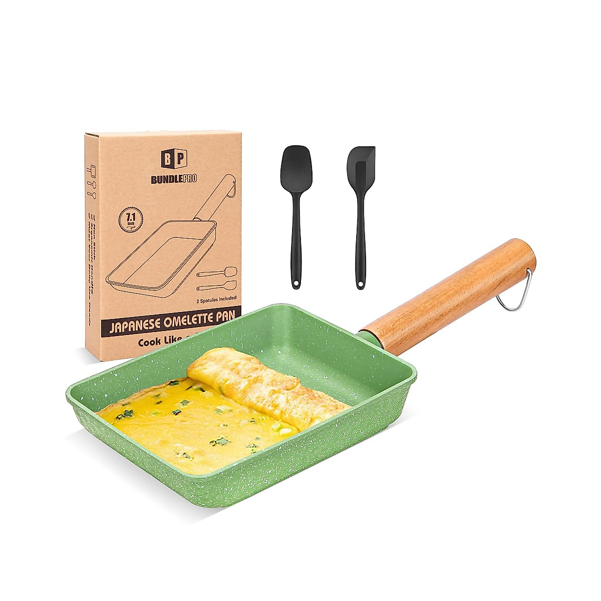 BUNDLEPRO Japanese Omelette Pan, Non Stick Tamagoyaki Eggs Frying Pan, Square Granite Cookware set, Small Induction Skillet with Silicone Spatulas for Breakfast(7.1inch)