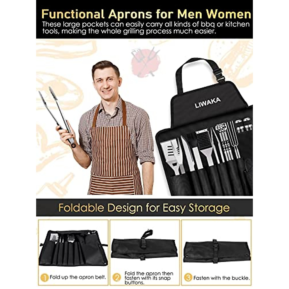 31Pcs Grill Accessories BBQ Tools Set with Storage Apron, Stainless Steel Grill Utensils Set BBQ Accessories Gift for Men Women, Perfect for Camping Backyard Barbecue