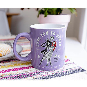 The Nightmare Before Christmas "Love You To Death" Jack and Sally Ceramic Coffee Mug, Oversized Large Cup | Novelty Drinkware For Tabletop | Official Disney Kitchen Accessories | Holds 20 Ounces