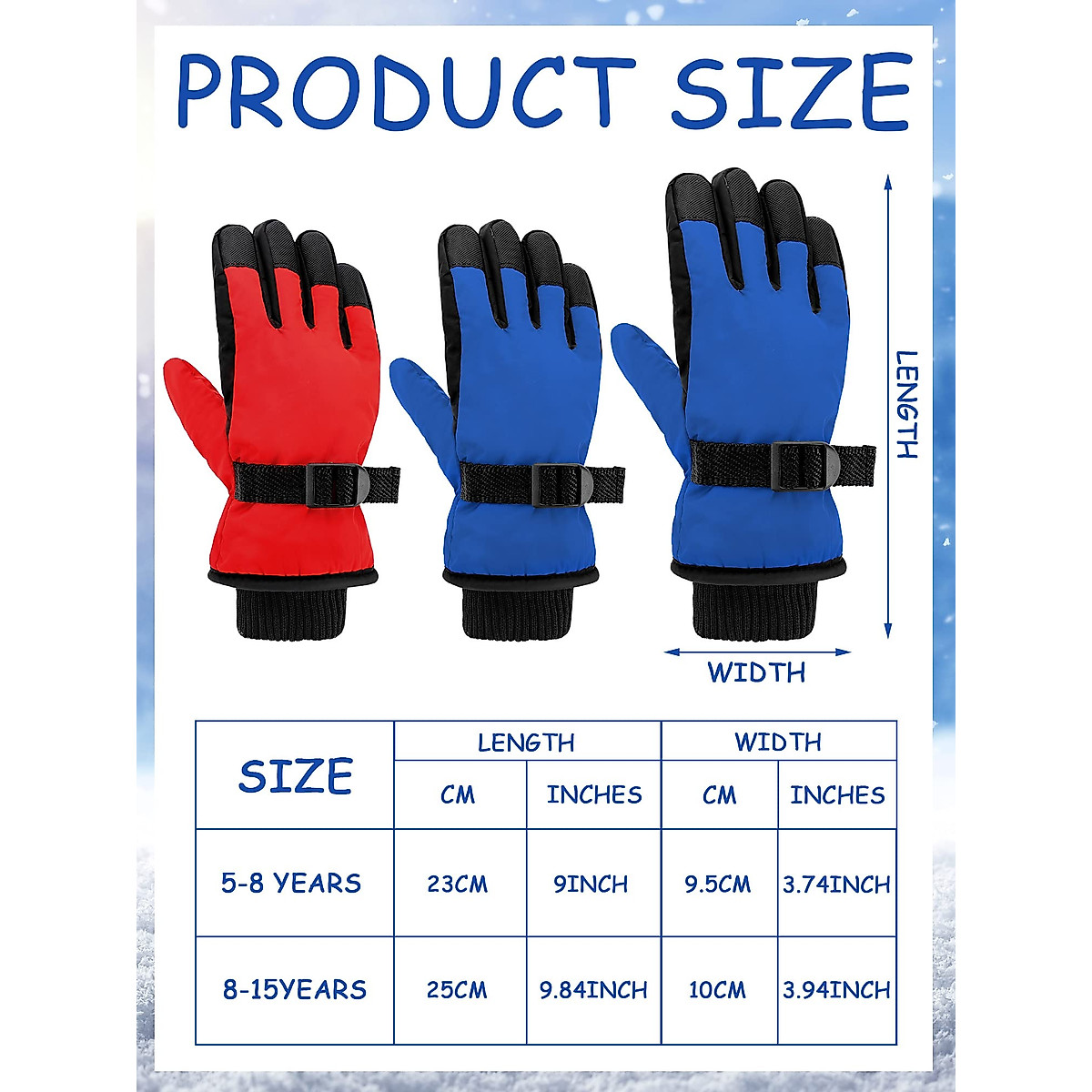 Eurzom 2 Pairs Kids Winter Gloves Waterproof Ski Gloves Windproof Warm Unisex Ski Gloves Warm Snow Gloves with Hook and Loop(Red, Blue, for 6-13 Years)