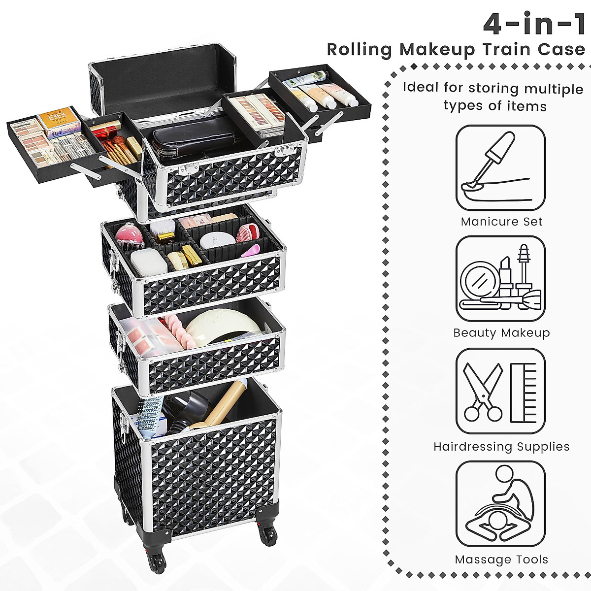 Yaheetech Professional Makeup Train Case 4 in 1 Cosmetic Trolley Nail Tech Travel Case Rolling Makeup Organizer Salon Barber Case with Wheels Hairstylist