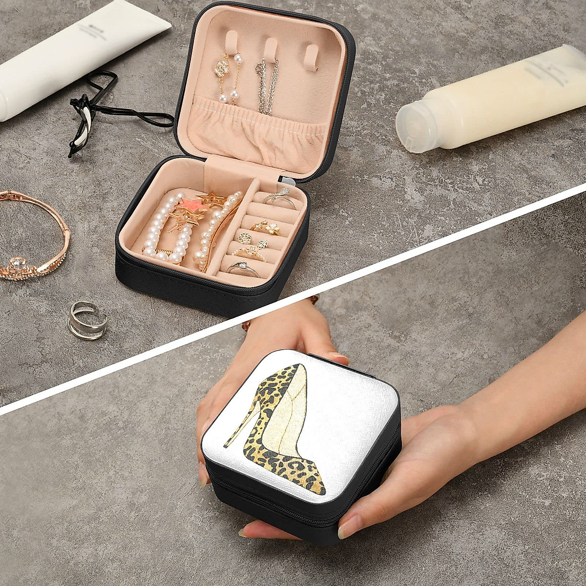 PU Leather Travel Jewelry Box Organizer Protable Small Travel Jewelry Case Mini Jewelry Boxes for Women Girls Leopard High-heeled Shoes Jewelry Organizer Storage Holder for Earring Ring Necklace