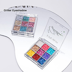 Glitter Eyeshadow Palette Makeup 9 Colors Body Glitter Glue Gel Palette Colorful Shimmer Sparkle Eyeshadow Long Lasting Highly Pigmented Waterproof Professional Glitter Eyeshadow Rainbow Face Paint