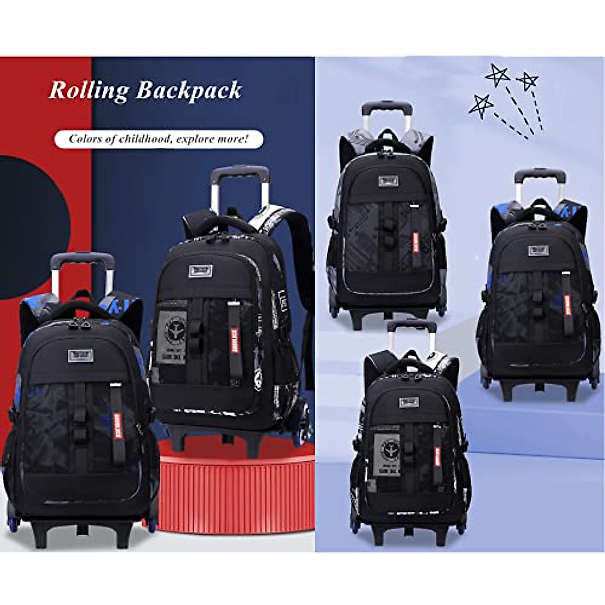 Camo Boys Rolling Backpacks for Kids School, Capacity Wheeled Bookbags Elementary School Bags Back Packs with 6 Wheels