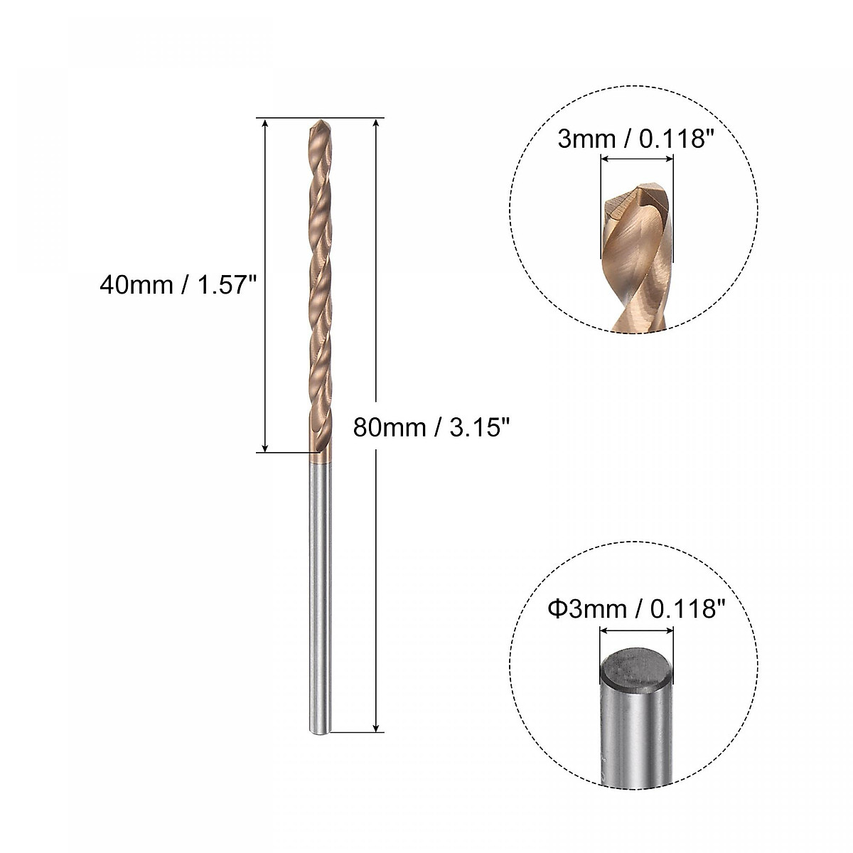 uxcell Twist Drill Bit, 3mm Jobber Drill Bit Nanoscale Titanium Coated K35 Tungsten Carbide Straight Shank 80mm Length for Drilling Stainless Steel Alloy Steel