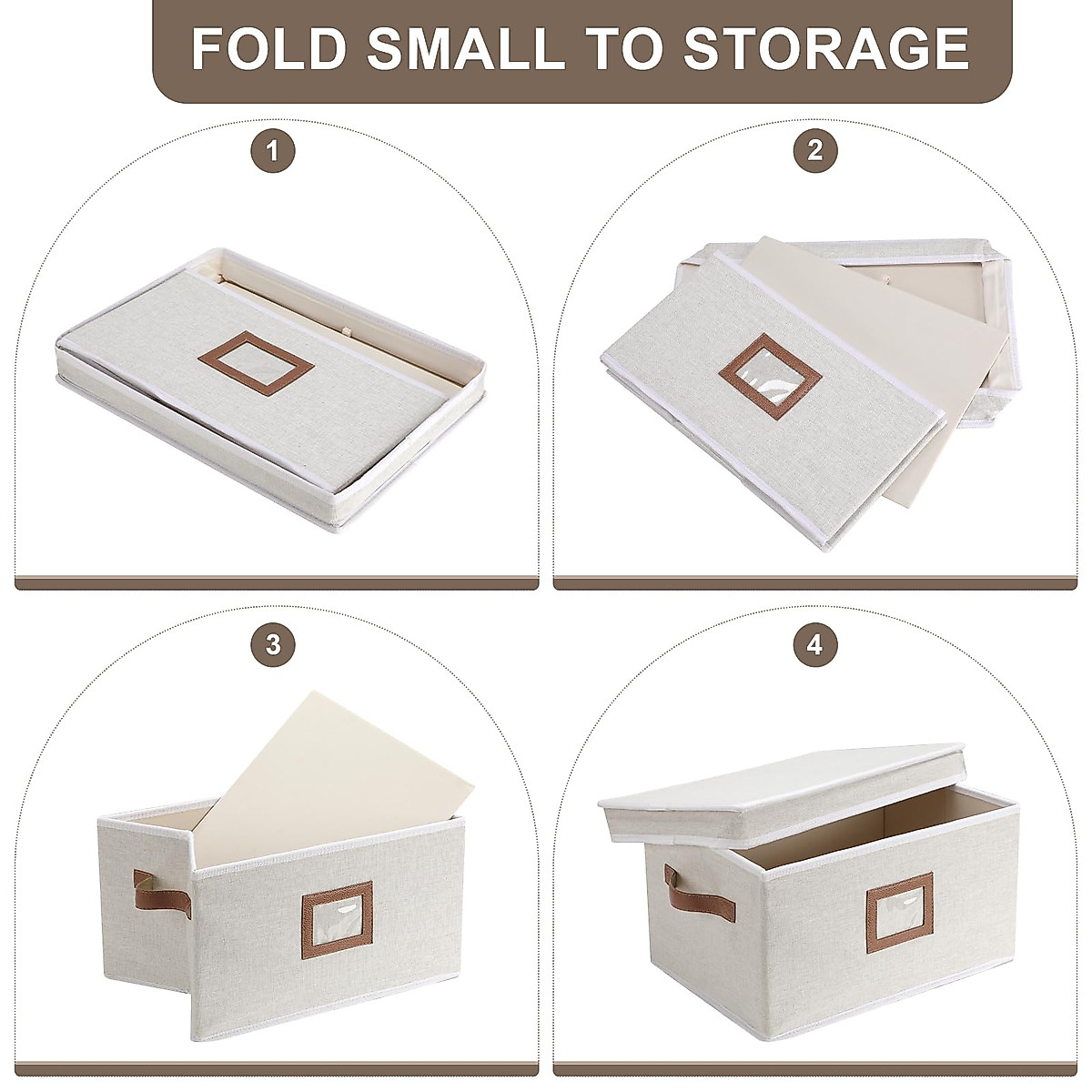 Storage Boxes with Lids, 3 Pack Fabric Collapsible Storage Organizer Container with Leather Handle, 15.25 x 10.75 x 8.25 inch Rectangular Storage Bins Baskets for Shelves Home Nursery, Ivory White
