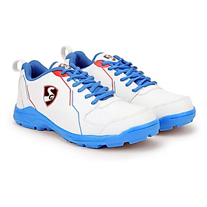 SG Blazelite Cricket Shoes for Men, White/Royal Blue/Red, 8 UK