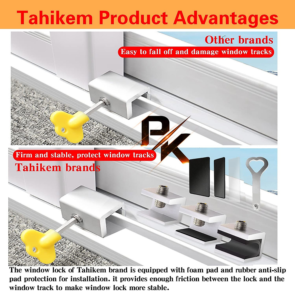 Tahikem 4 Sets Sliding Window Locks, Security Window Lock with Key, Aluminum Window Stoppers for Vertical & Horizontal Slide Door, Adjustable Security Locks, for Child Home Bedroom Double Hung Windows
