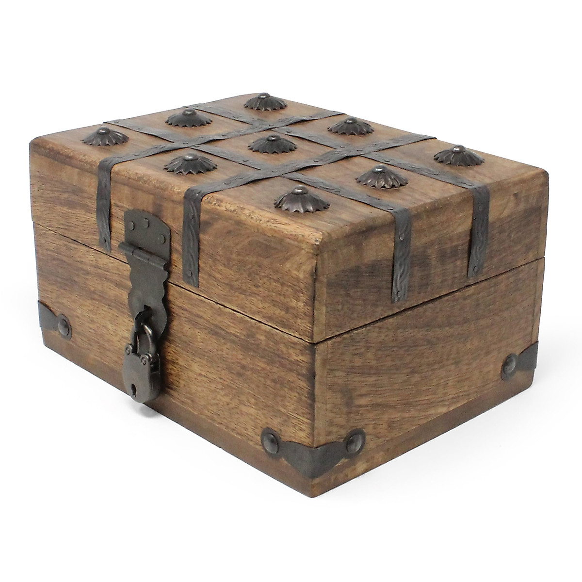 Nautical Cove Treasure Chest Wooden Box with Antique Iron Lock and Skeleton Key - Storage and Decor (Small 8 x 6 x 4.5)