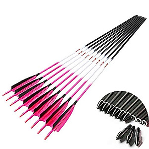 Linkboy Archery Spine 300-600 Arrows Pure Carbon ID6.2mm Shaft Fluorescent Pink Turkey Vanes Points Bow Hunting Shooting 6PCS (Spine 300 30inch)