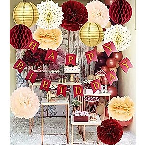 Burgundy Gold Birthday Party Decorations for Women Burgundy Gold HAPPY BIRTHDAY Banner Polka Dot Fans for Fall Burgundy Birthday Party Supplies/30th/40th/50th Birthday Decorations Autumn