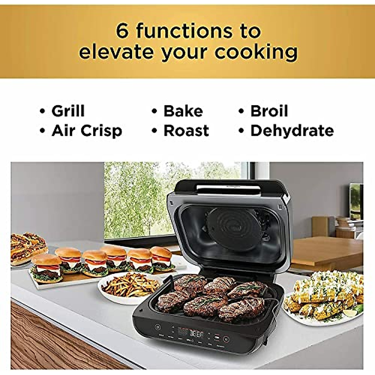 Ninja FG551 Foodi Smart XL 6-in-1 Indoor Grill with 4-Quart Air Fryer Roast Bake Dehydrate Broil and Leave-in Thermometer, with Extra Large Capacity, and a stainless steel Finish (Renewed)