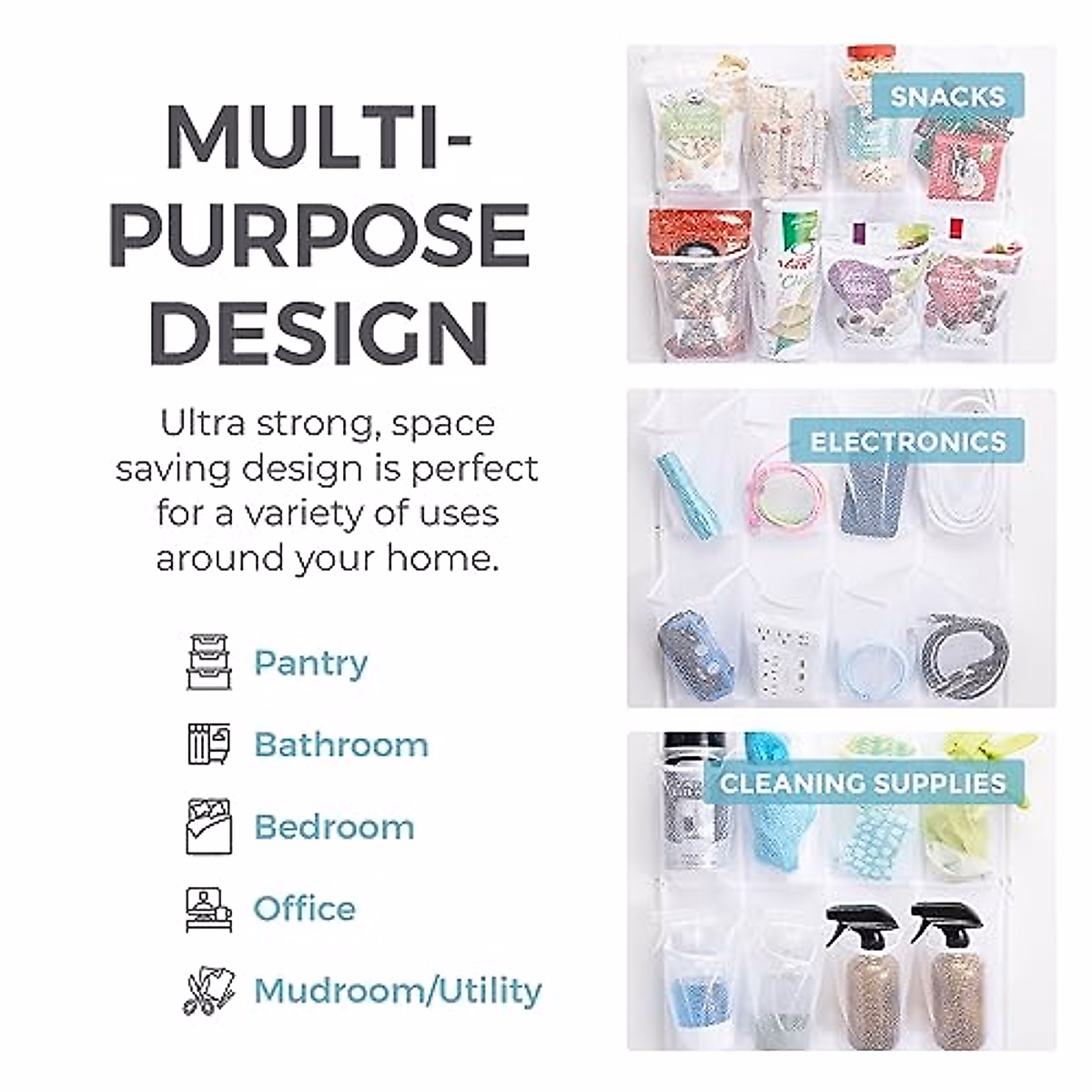 HOME GENIE 24 Pocket Strong Space Saving Over Door Shoe Organizer, Holds Up to 40 Pounds, Stay In Place Hooks Large Breathable Mesh Pocket Hanging Behind Closet Caddy Holder, Cabinet Rack, Gray