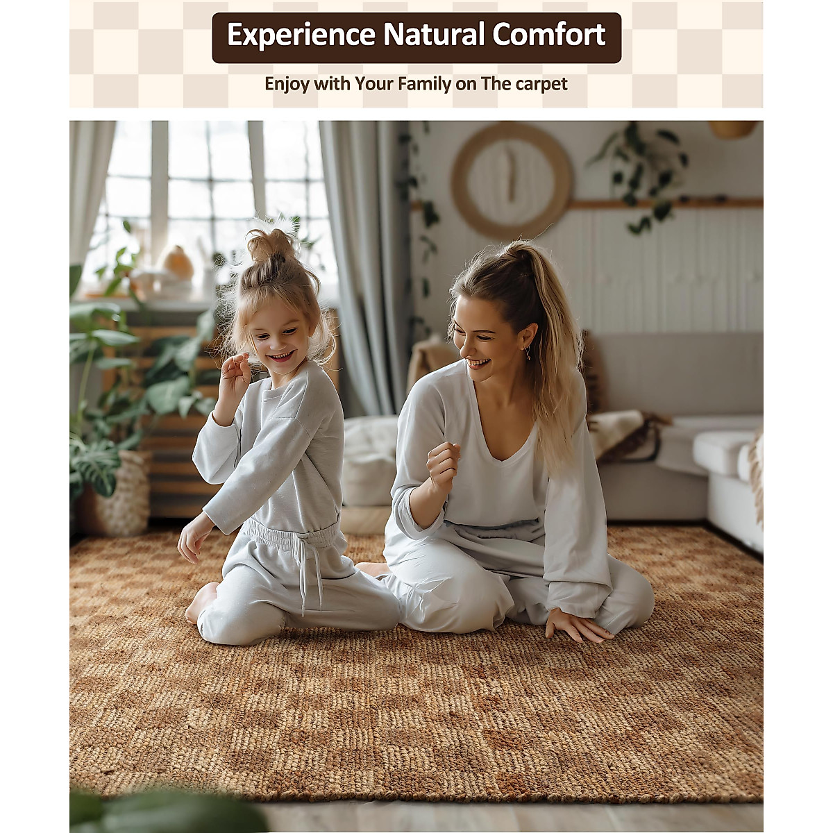 SUMGAR Neutral 100% Jute Rug 8x10 Ft Hand Woven Boho Area Rug Fiber Braided Checkered Large Carpet Home Decor for Living Room Bedroom Dining Room