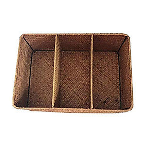 DOITOOL Wicker Storage Basket Coffee Station Organizer Handwoven Natural Seagrass Storage Baskets Rectangular Handmade Wicker Baskets 3 Section Tray Wicker Storage Basket Coffee Station Organizer