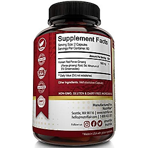 NutriFlair Korean Red Panax Ginseng 1600mg, 120 Vegan Capsules - High Potency Ginseng Root 5% Ginsenosides Extract Powder Supplement - Energy, Focus, Vigor, Performance Pills for Women & Men, Non-GMO