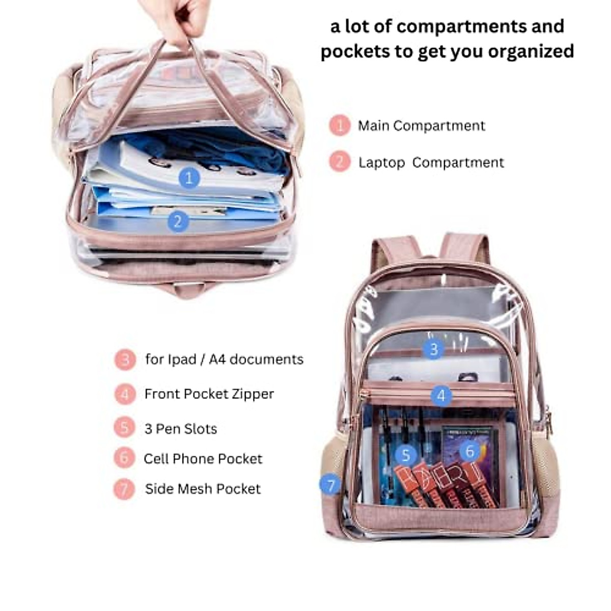 Heavy Duty Clear Backpack - 15L Large Transparent Bag with Adjustable Straps, Multiple Pockets & Compartments - Durable See-Through Plastic Clear Book Bag for School, Work, Travel - Rose Pink