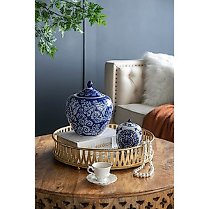 A&B Home 10'' Decorative Antique Porcelain Jar with Lid Flower Pot Planter Blue and White Vase Floral Print Centerpiece Home Decor Indoor Outdoor