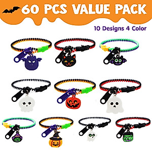 JOYIN 60 PCS Halloween Zipper Bracelets Bulk Set, Friendship Zipper Wristbands for Kids Gift, Halloween Trinkets, Halloween Goodie Bag Fillers, Classroom Prizes