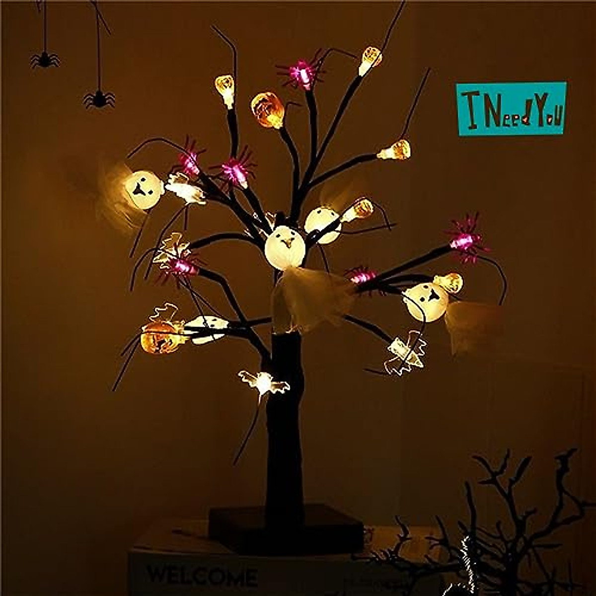 WUYJTIF 1.5FT Black Halloween Tree Lights with 24 Decorated Ghost/Pumpkin/Spider Lights, Timer/Battery Powered Halloween Decorations Indoor Outdoor Suitable for Home, Table, Mantle, Party Decorations
