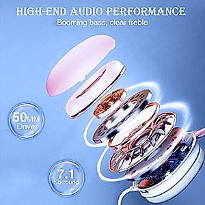 AULA USB Gaming Headset with Mic for PC, RGB Rainbow Backlit Headset, Virtual 7.1 Surround Sound, 50mm Driver, Soft Memory Earmuffs, Wired Laptop Desktop Computer Headset, Pink, S505