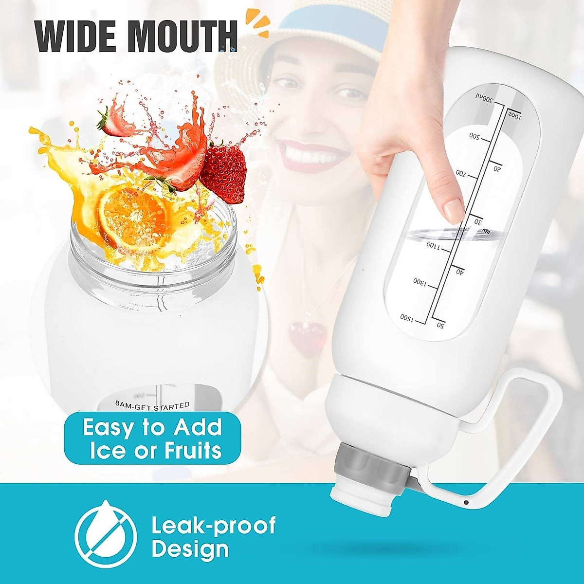 Aqulea Glass Water Bottle 64 oz - Big, Leakproof, Pregnancy Tracker, Gym Bottle with Straw and Time Marker (White)