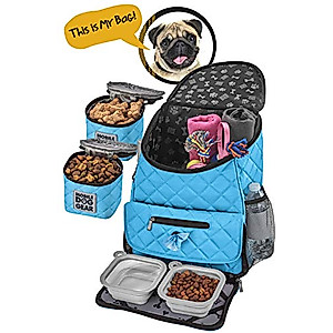 Mobile Dog Gear, Dog Travel Bag, Deluxe Quilted Weekender Backpack, Includes Lined Food Carriers and 2 Collapsible Dog Bowl, Light Blue