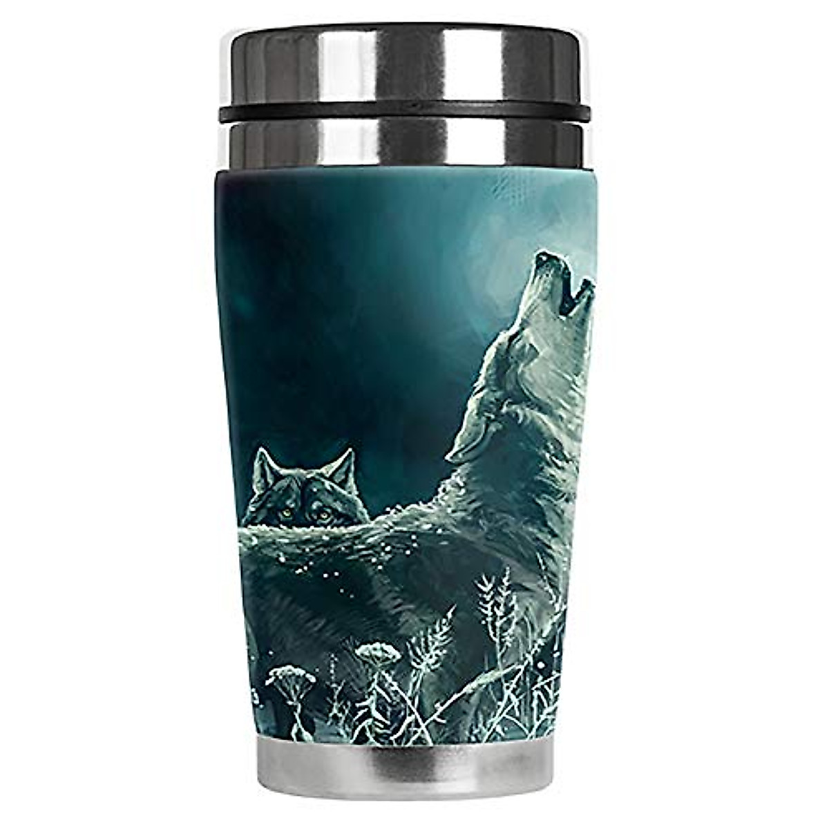 Mugzie MAX 20 Ounce Stainless Steel Travel Mug with Wetsuit Cover - Wolf Painting