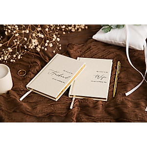 MUUJEE Hard Cover Vow Books (Set of 2) - Cream Canvas Linen Foil Embossed Wedding Ceremony Vow Renewal Speech Books, Couple Gifts for Engagement (To My Husband/Wife)