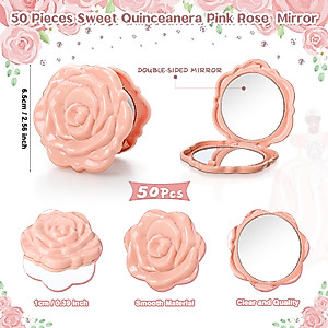 Wenqik 50 Sets Quinceanera Party Favors for Guests 50 Rose Design Compact Pocket Mirrors 50 Quinceanera Cards Thank You Gift and Organza Bags Sweet 15 Mis Quince Birthday Sweet Party Favor(Pink)