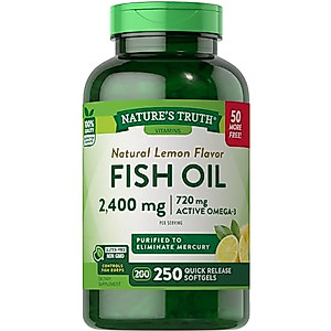Nature's Truth Burpless Fish Oil 2400mg | 250 Softgels | 720 mg Omega 3 | Natural Lemon Flavor Pills | Non-GMO & Gluten Free Supplement