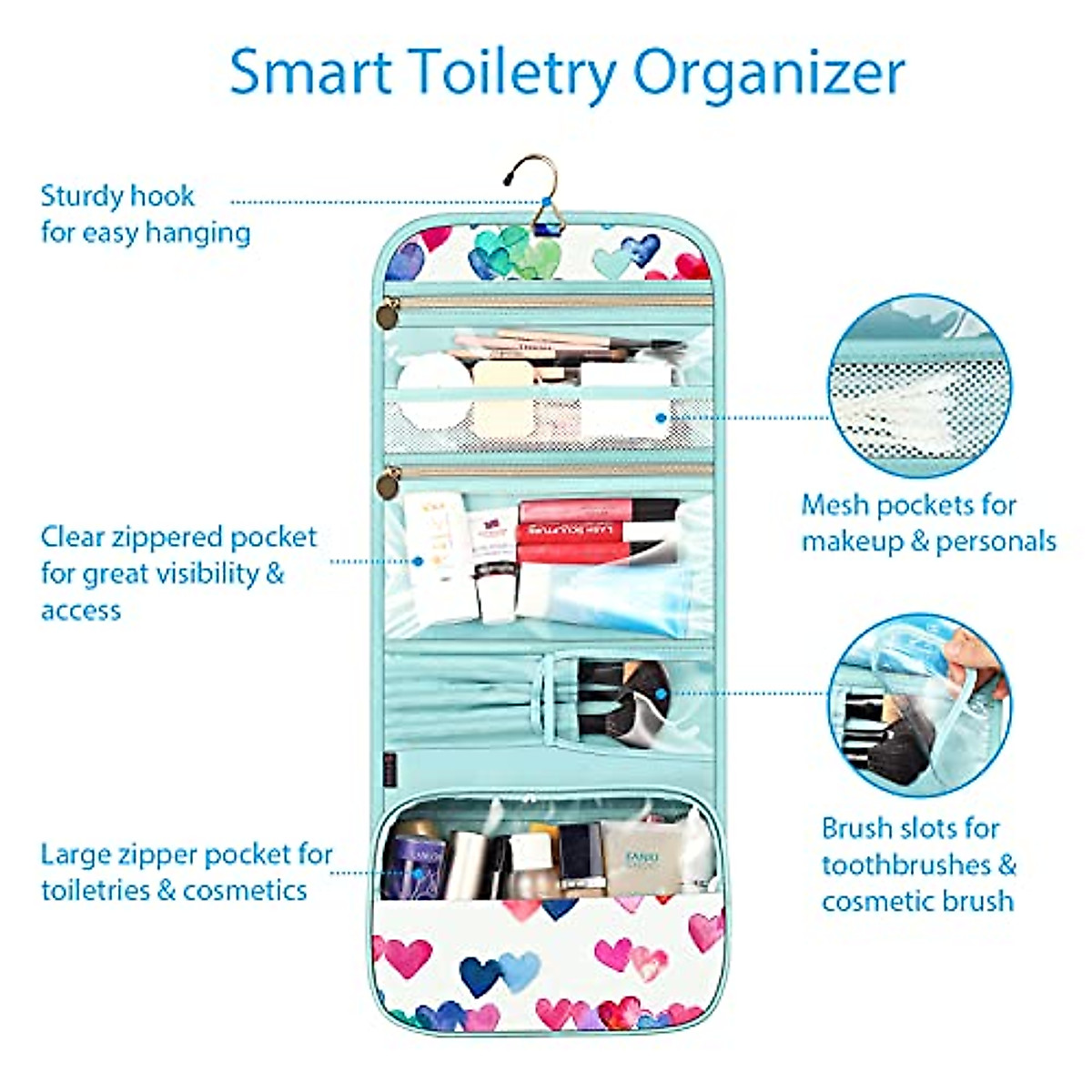 Fintie Portable Toiletry Cosmetic Travel Bag, Large Water Resistant Hanging Makeup Organizer Storage Pouch Case for Women Girls (Raining Hearts)